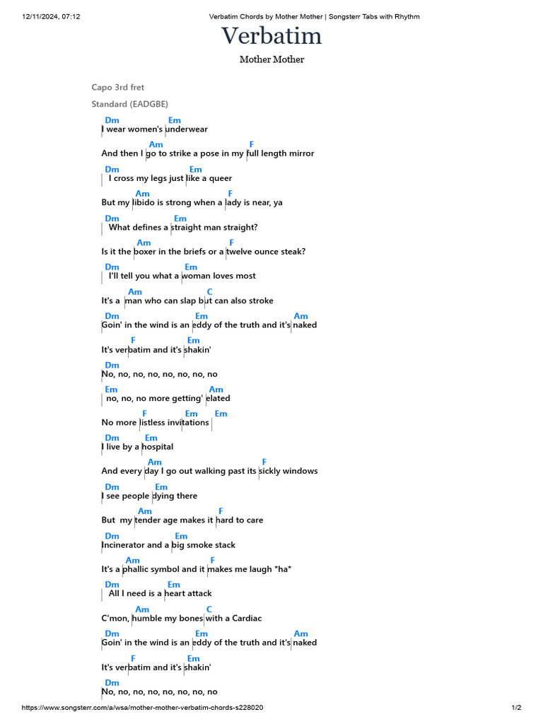 Verbatim Chords by Mother Mother - Songsterr Tabs With Rhythm | PDF