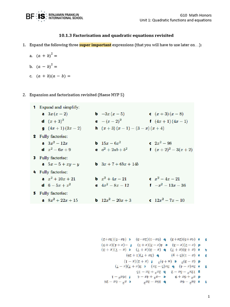 10.1.3 Factorisation and Quadratic Equations Revisited | PDF