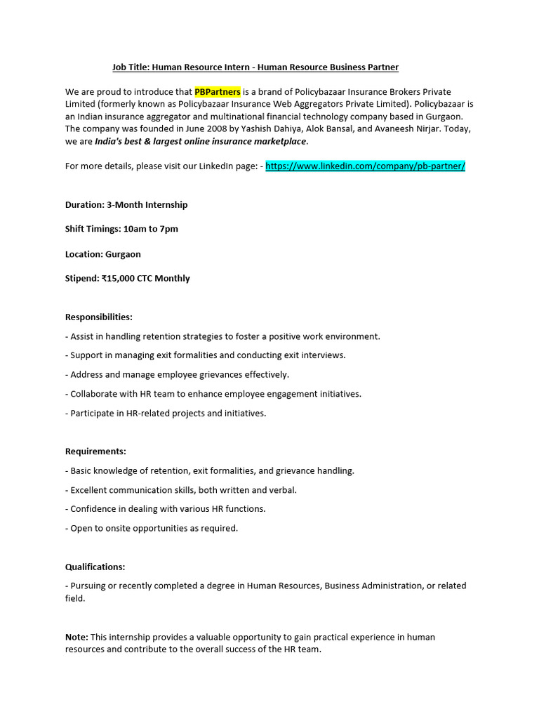 Job Description - HRBP Intern | PDF | Business