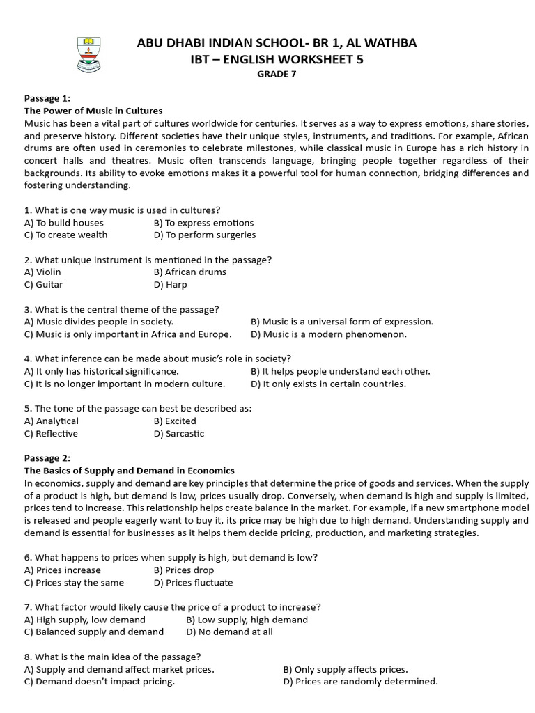 Ibt-English Worksheet 5 - Grade 7 | PDF | Demand | Prices