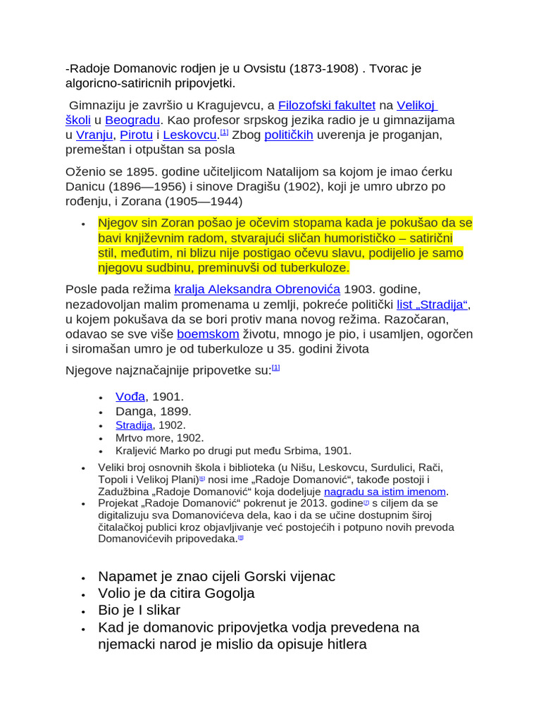 Radoje Domanovic Rodjen Je U Ovsistu | PDF