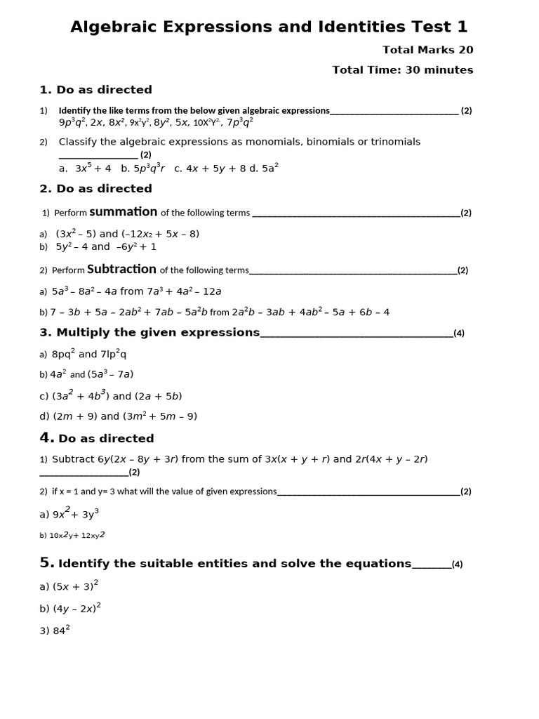 Algebraic Expressions and Identities Test 1 | PDF