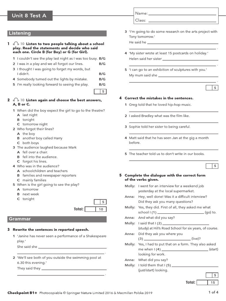 Checkpoint B1+ Unit 8 Test A | PDF | Alice (Alice's Adventures In ...