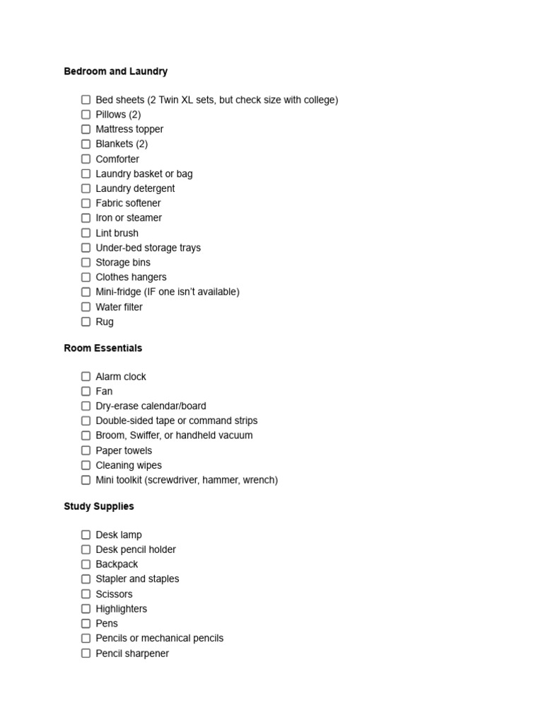 College Packing List | PDF | Social Science | Computers
