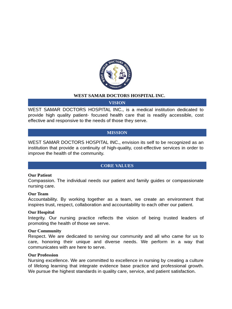 Hospital Vision Mission Core Values | PDF | Hospital | Nursing