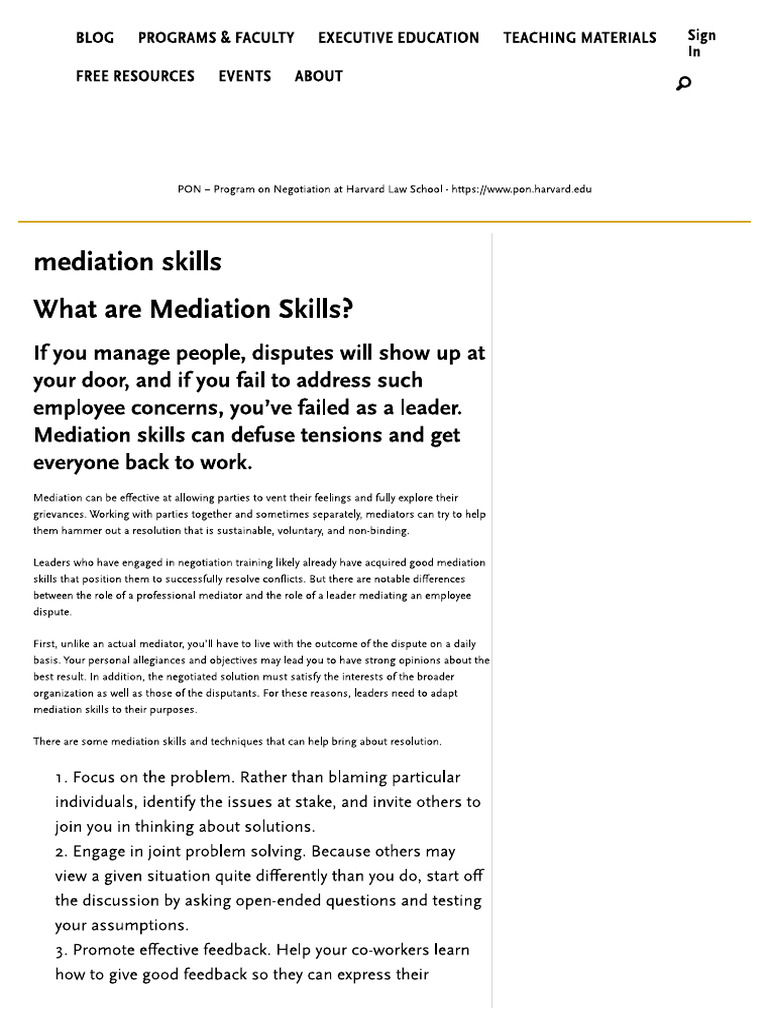 What Are Mediation Skills (Harvard Law School) | PDF