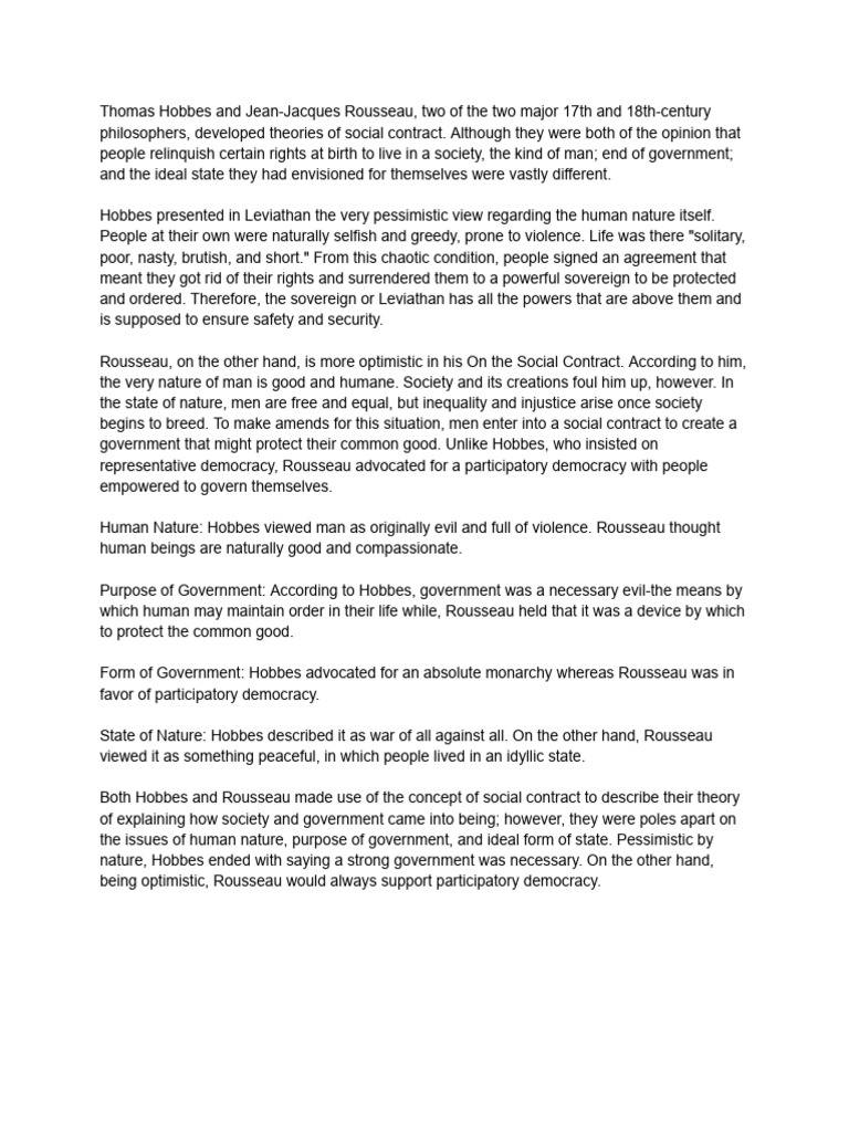 Compare and Contrast of Rousseau and Hobbes | PDF | Social Contract ...