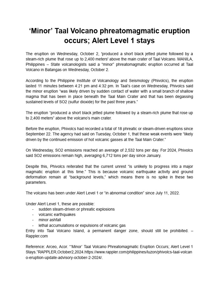 Minor' Taal Volcano Phreatomagmatic Eruption Occurs Alert Level 1 Stays | PDF