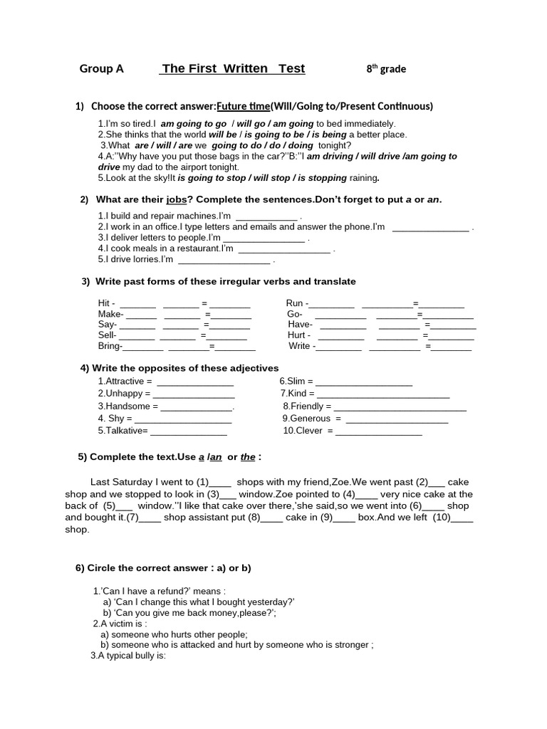 8th Grade Future Tense Test and Activities | PDF | Linguistic Typology ...