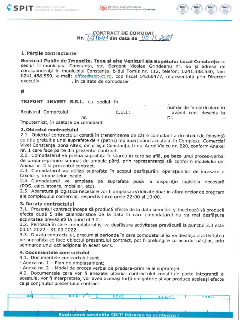 Contract de Comodat Spatiu Complex Comercial VIVO | PDF