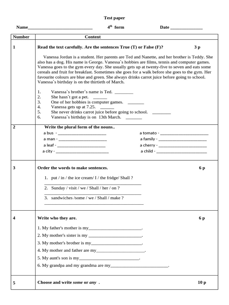 Test Paper 4th Form Unit II | PDF | Linguistic Morphology
