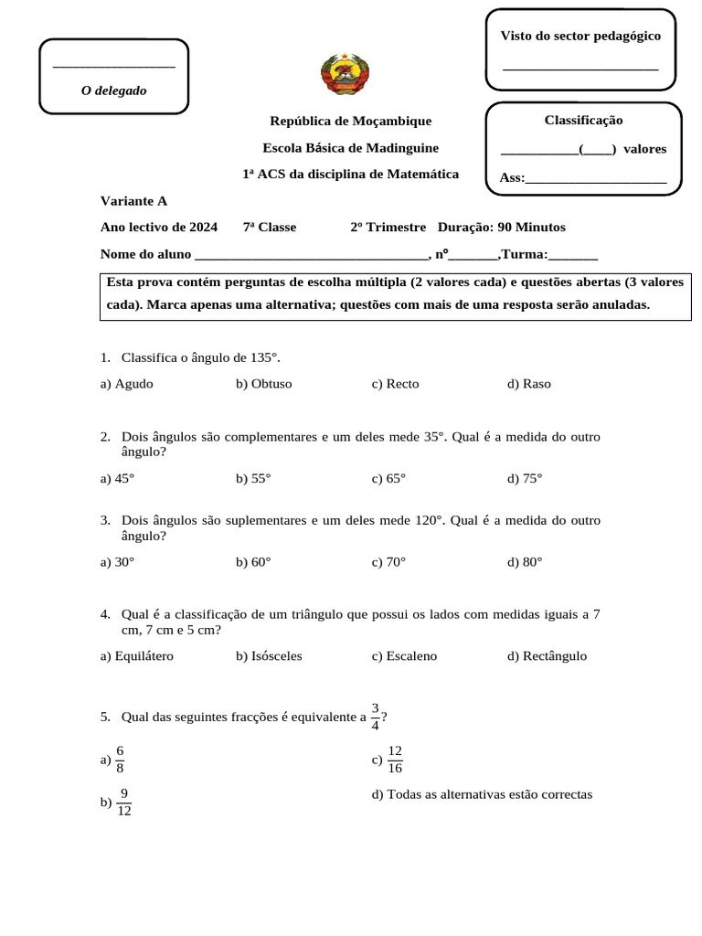 1 ACS de Matemática - 2T | PDF | Triângulo | Geometria Elementar