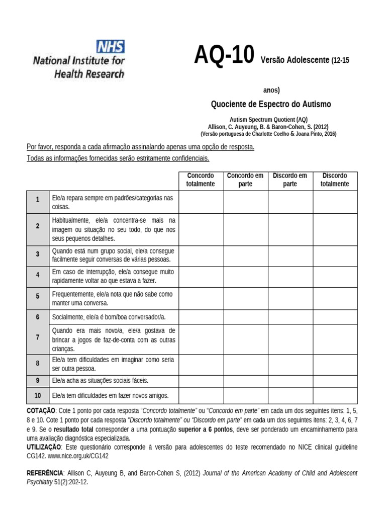 AQ10 - Teste de Autismo para Adolescente | PDF