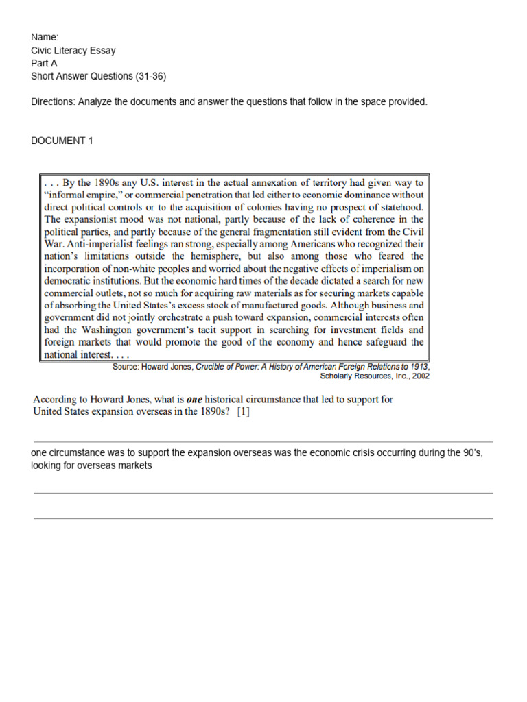 Civic Literacy Essay SAMPLE US IMPERIALISM | PDF | Essays