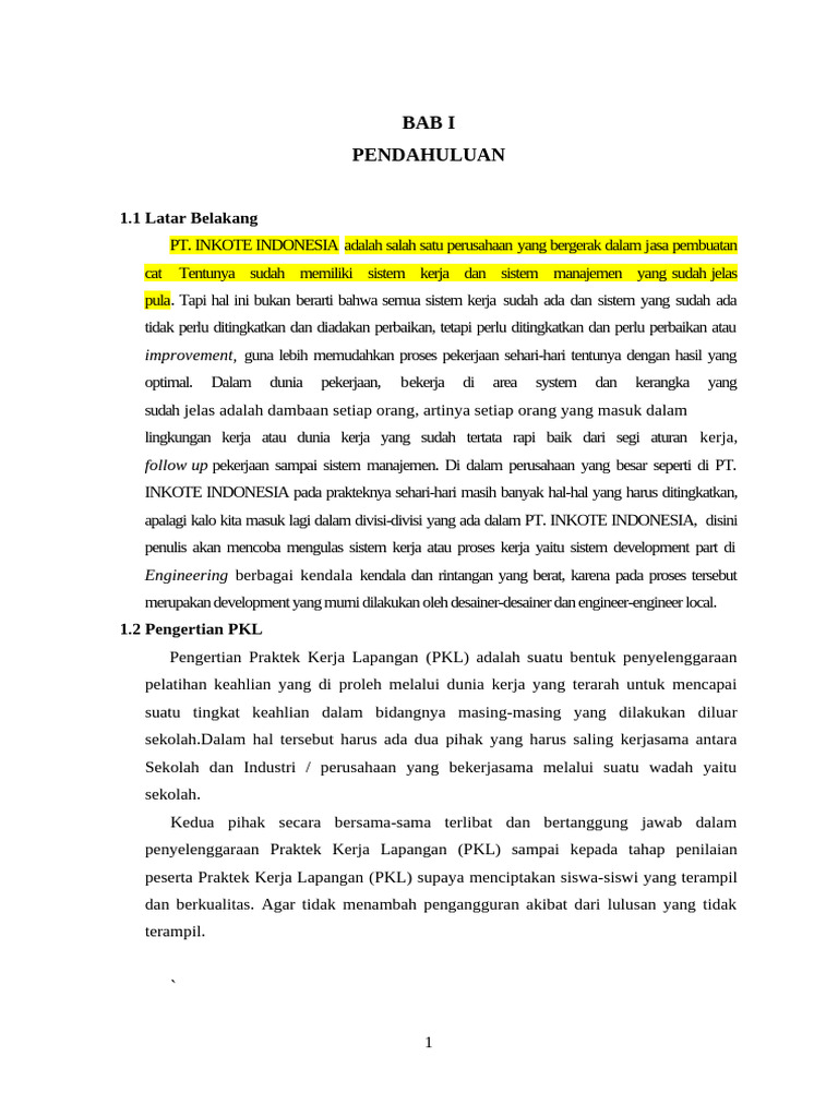 Contoh Laporan Pkl Bab 1 4 Di Pt Inkote Indonesia Pdf