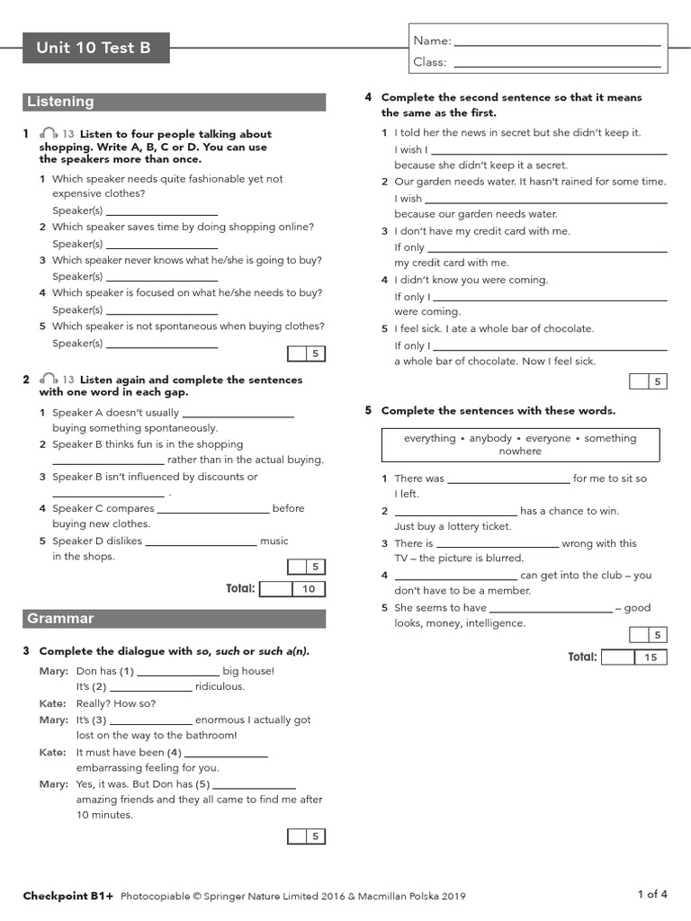 Checkpoint B1+ Unit 10 Test B | PDF | Retail | Shopping Mall