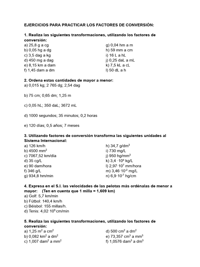 Ejercicios para Practicar Los Factores de Conversión | PDF | Cantidad | Sistema Internacional de ...