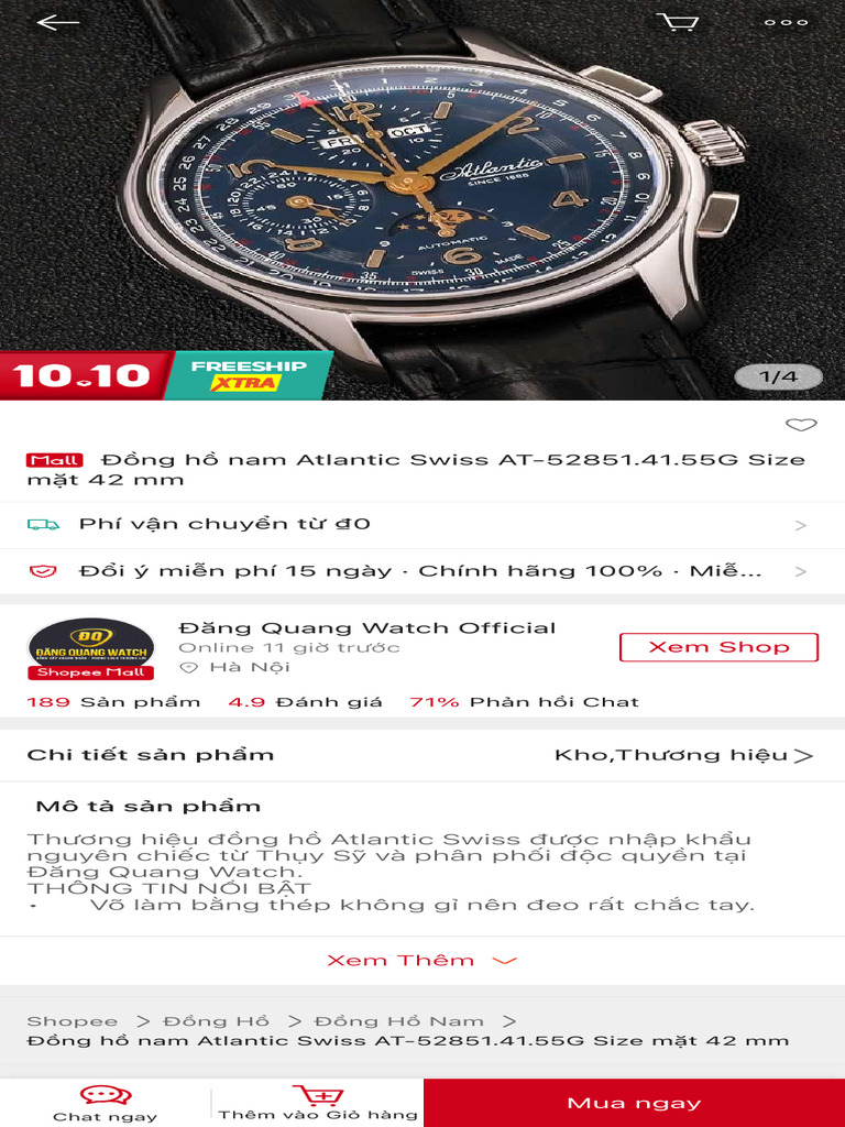 Đồng Hồ Nam Atlantic Swiss AT-52851.41.55G Size Mặt 42 MM Shopee Việt ...