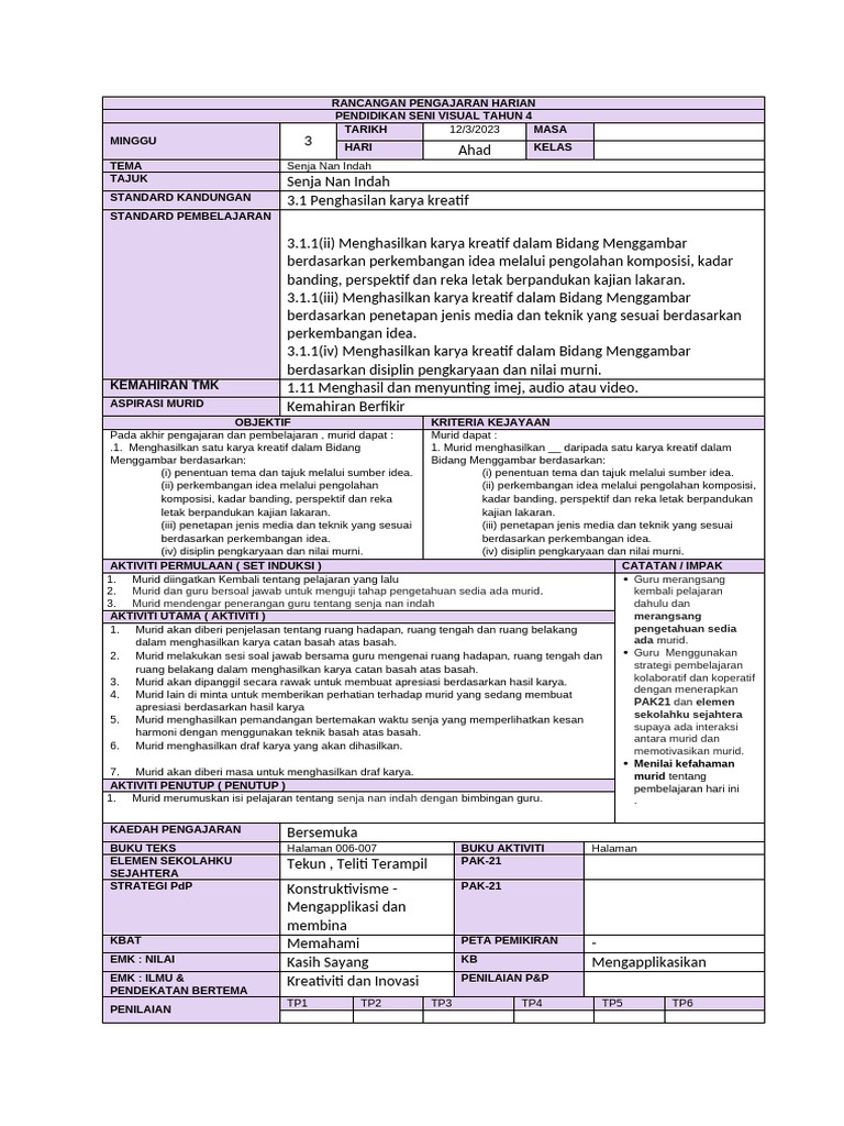 RPH Minggu 3 PSV THN 4 2023 by Cikgu Gorgeous | PDF