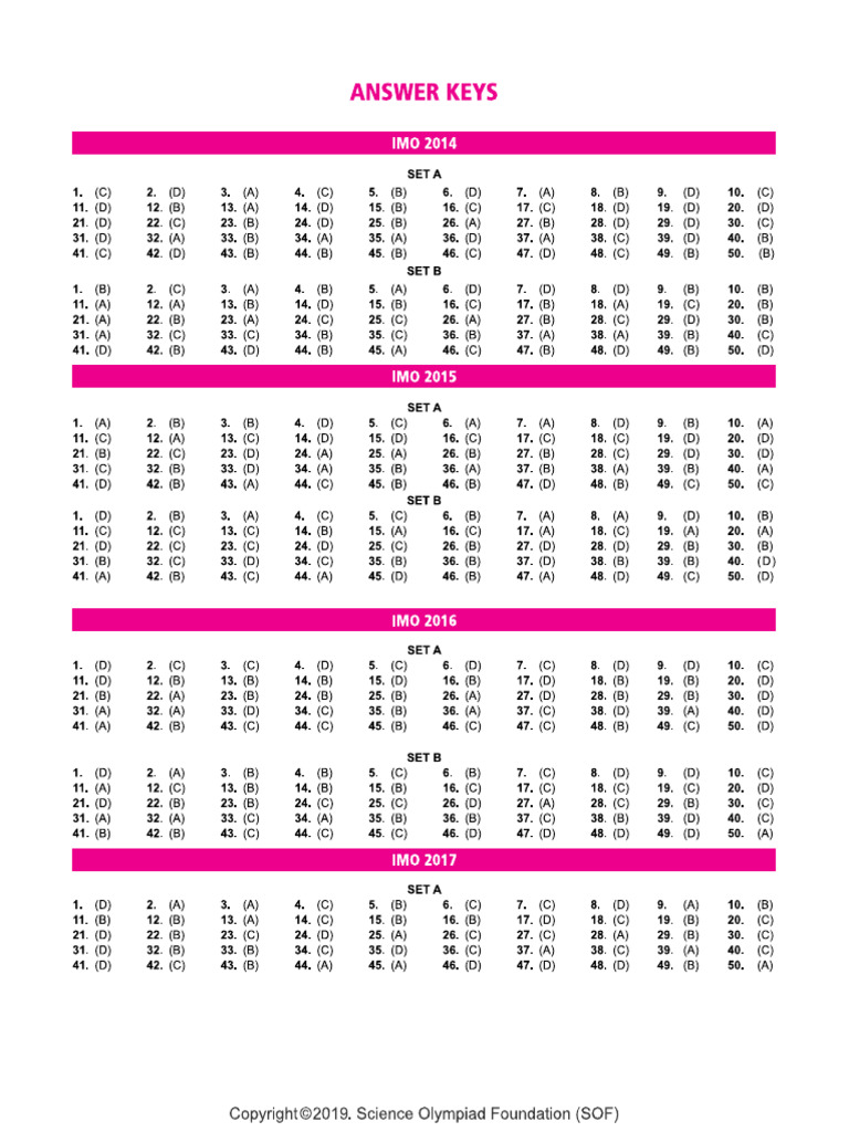Answer Sheet - IMO Class 5 - 2014-2018 - L1 | PDF
