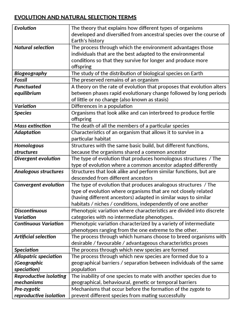 Key Terms in Evolution and Selection | PDF | Evolution | Species