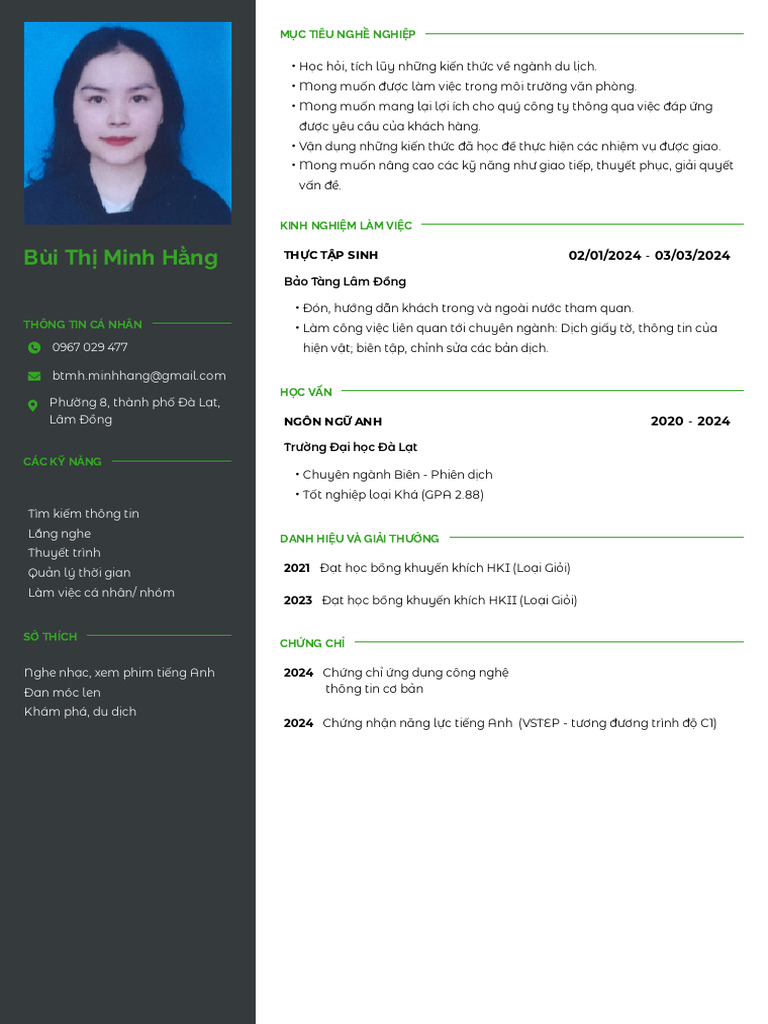 CV Bùi Thị Minh Hằng - Du lịch | PDF