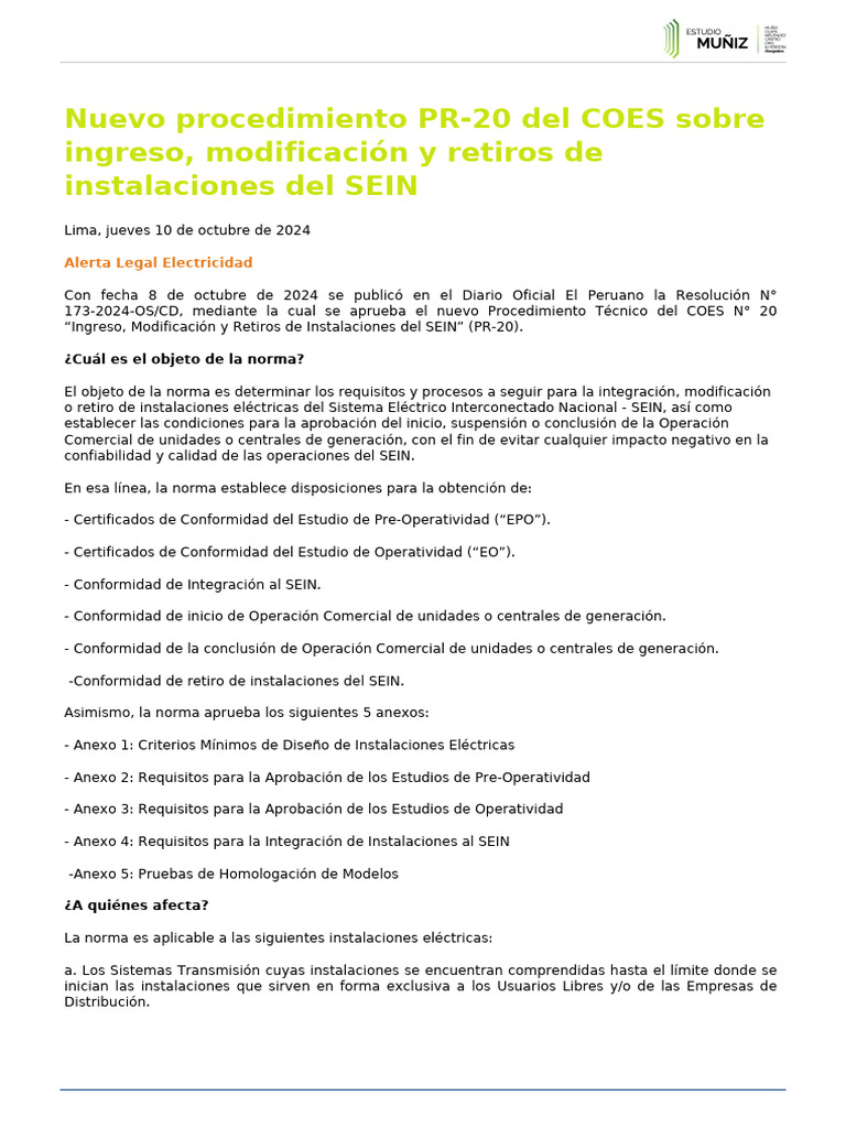 Nuevo Procedimiento PR 20 Del Coes Sobre Ingreso Modificacioacuten y Retiros de Instalaciones ...