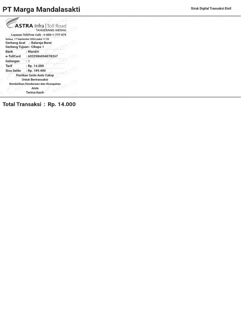 Struk Transaksi ASTRA Infra Toll Road - 206188 | PDF