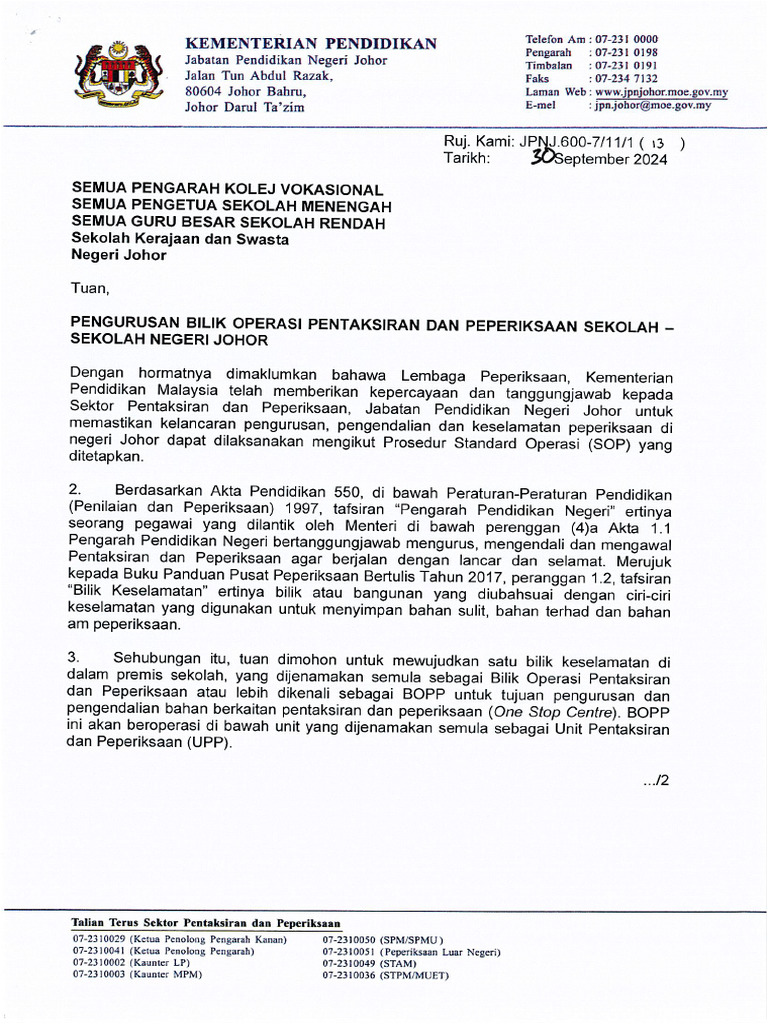 Pengurusan Bilik Operasi Pentaksiran Dan Peperiksaan Negeri Johor | PDF