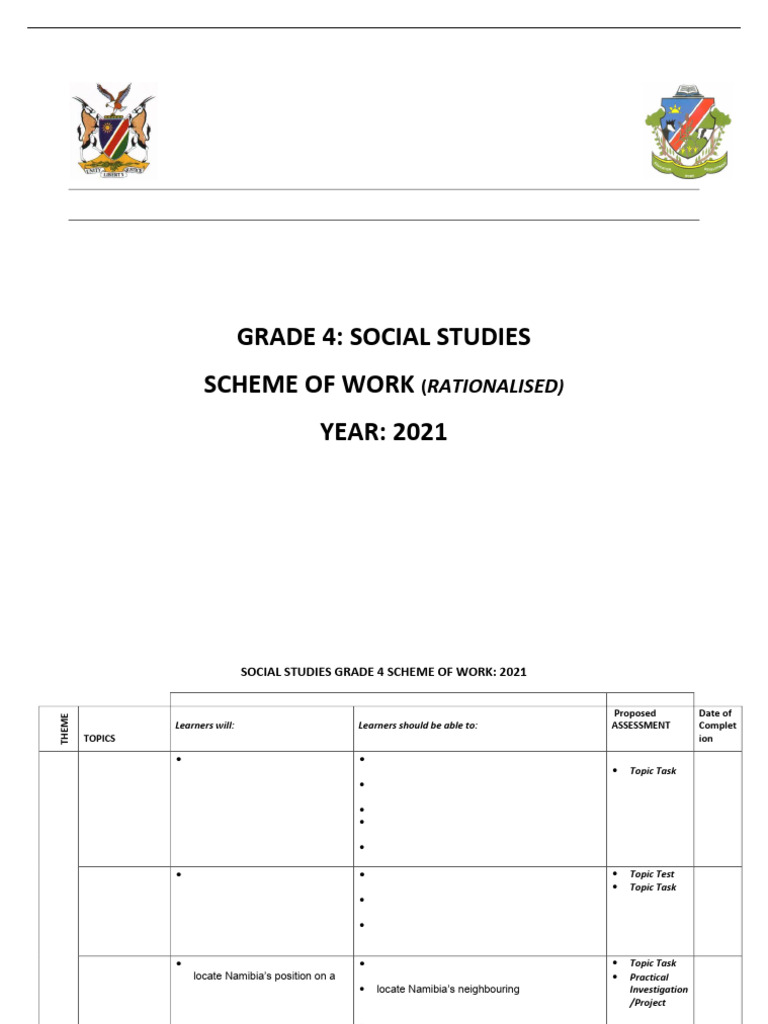 Grade 4 Social Studies Scheme 2021 | PDF | Rain | Namibia