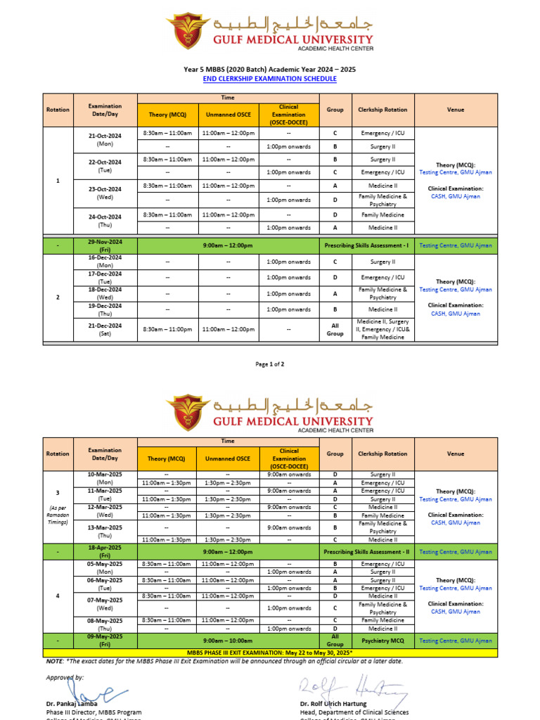 Year 5 MBBS Examination Schedule (AY 2024-2025) v2 | PDF | Vocational ...