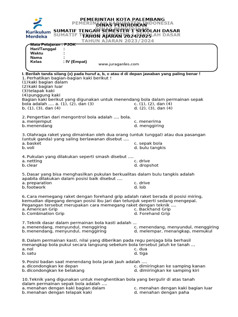 Soal PTS STS PJOK Kelas 4 Semester 1 Kurikulum Merdeka T A 2023 2024 | PDF