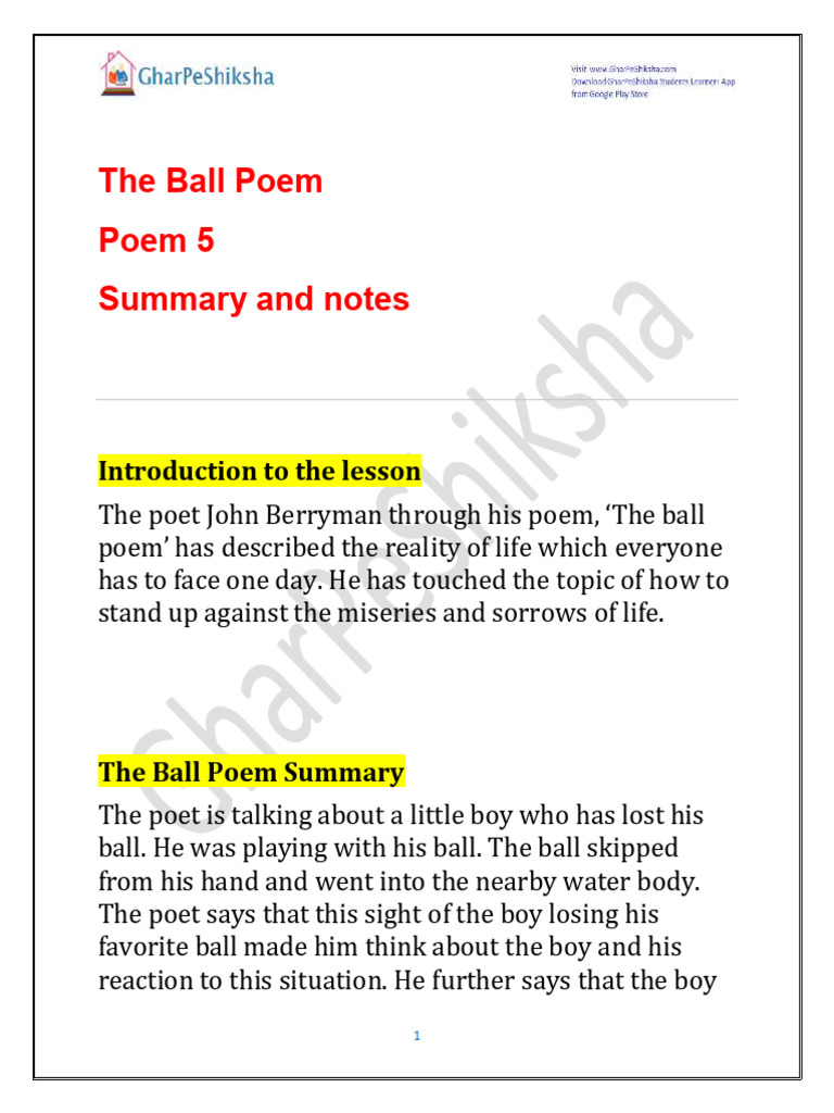 The Ball Poem Poem 5 Class 10 | PDF | Grief | Experience