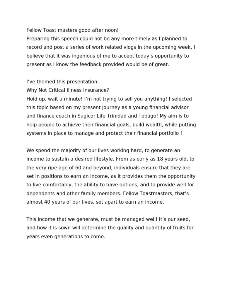 Speech 2 Toast Masters | PDF | Insurance | Income