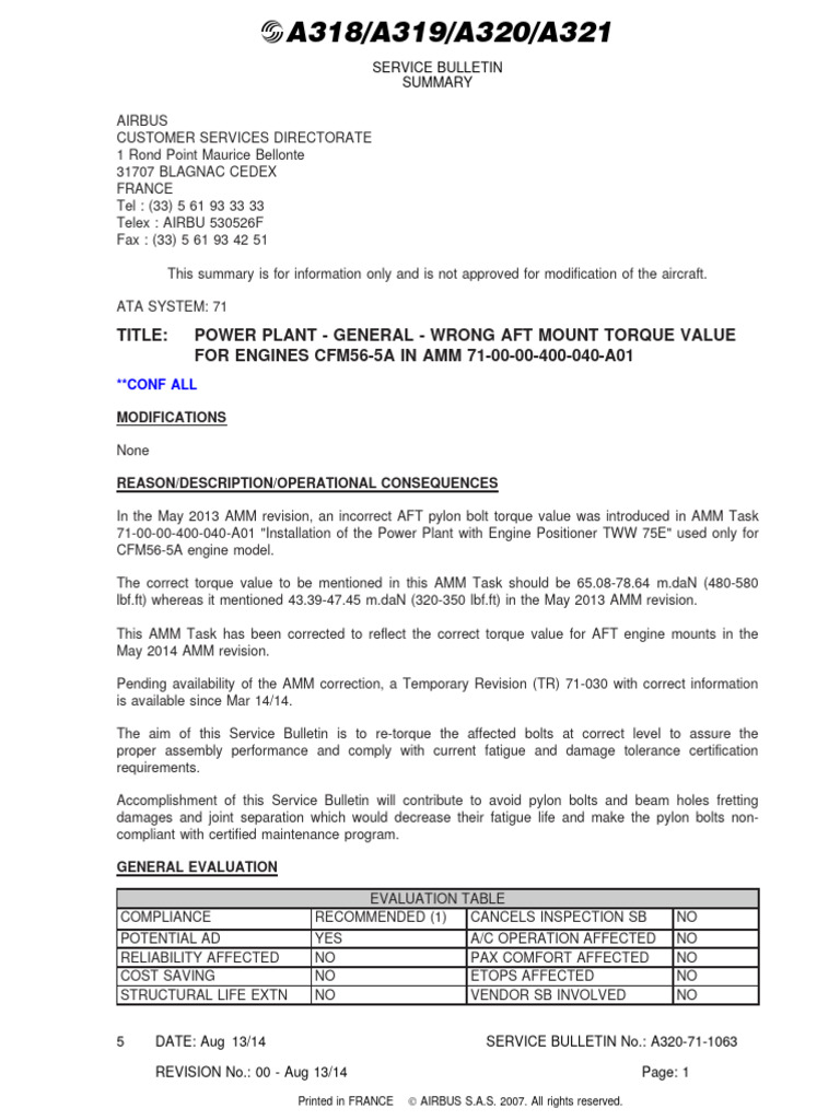 Title: Power Plant - General - Wrong Aft Mount Torque Value FOR ENGINES ...