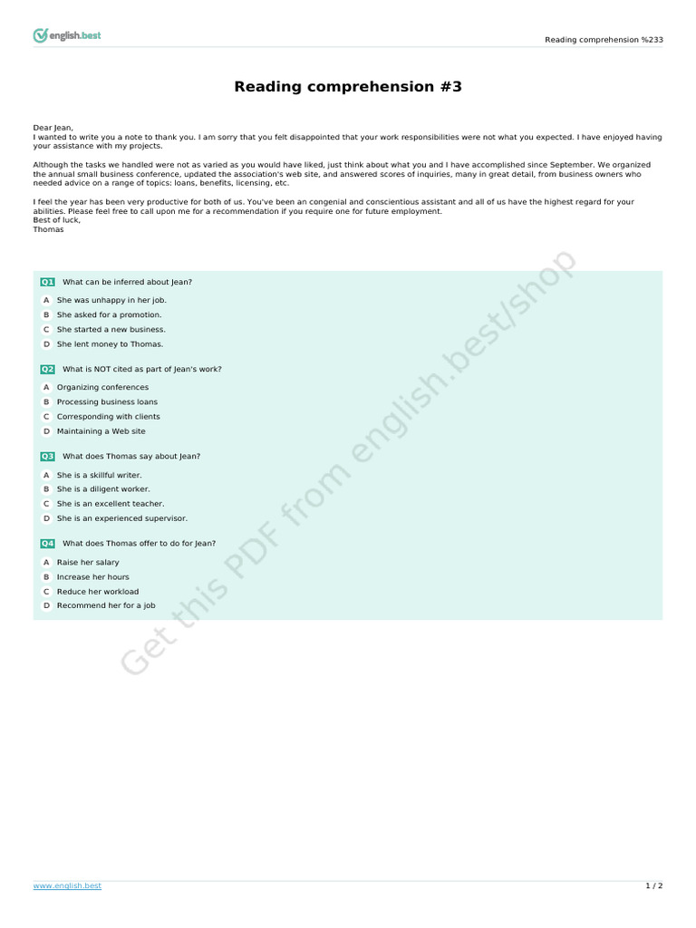 Reading Comprehension #3 | PDF