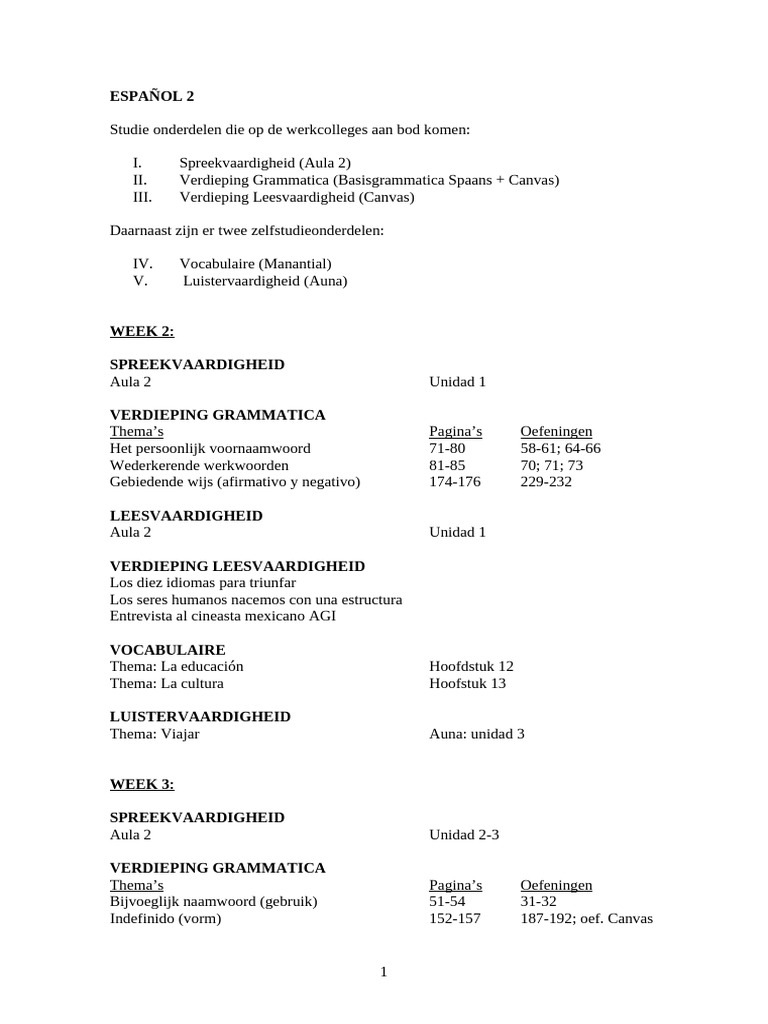Weekschema Español 2 | PDF