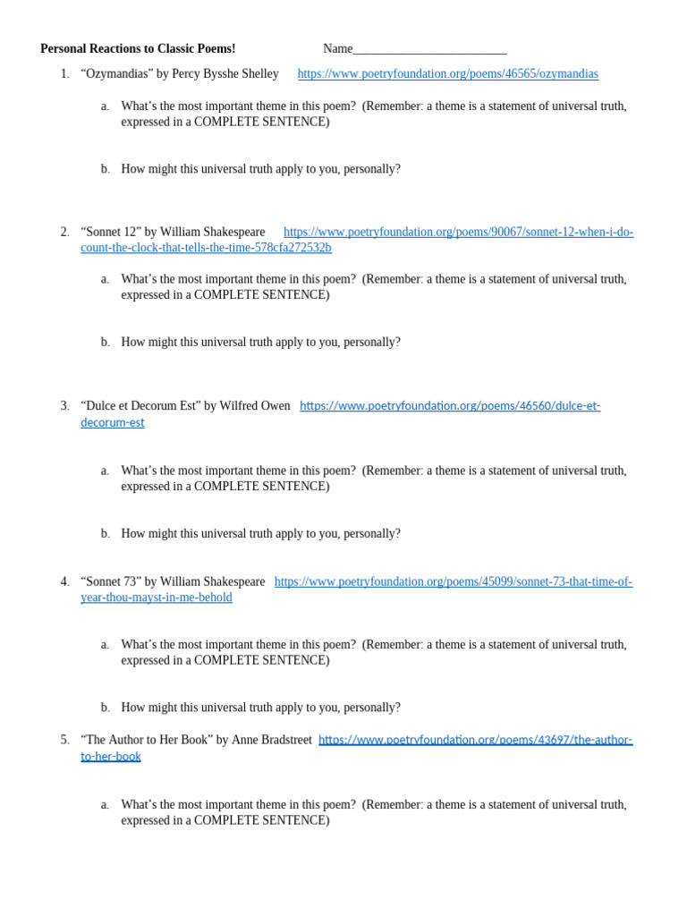 Personal Reactions To Classic Poems | PDF