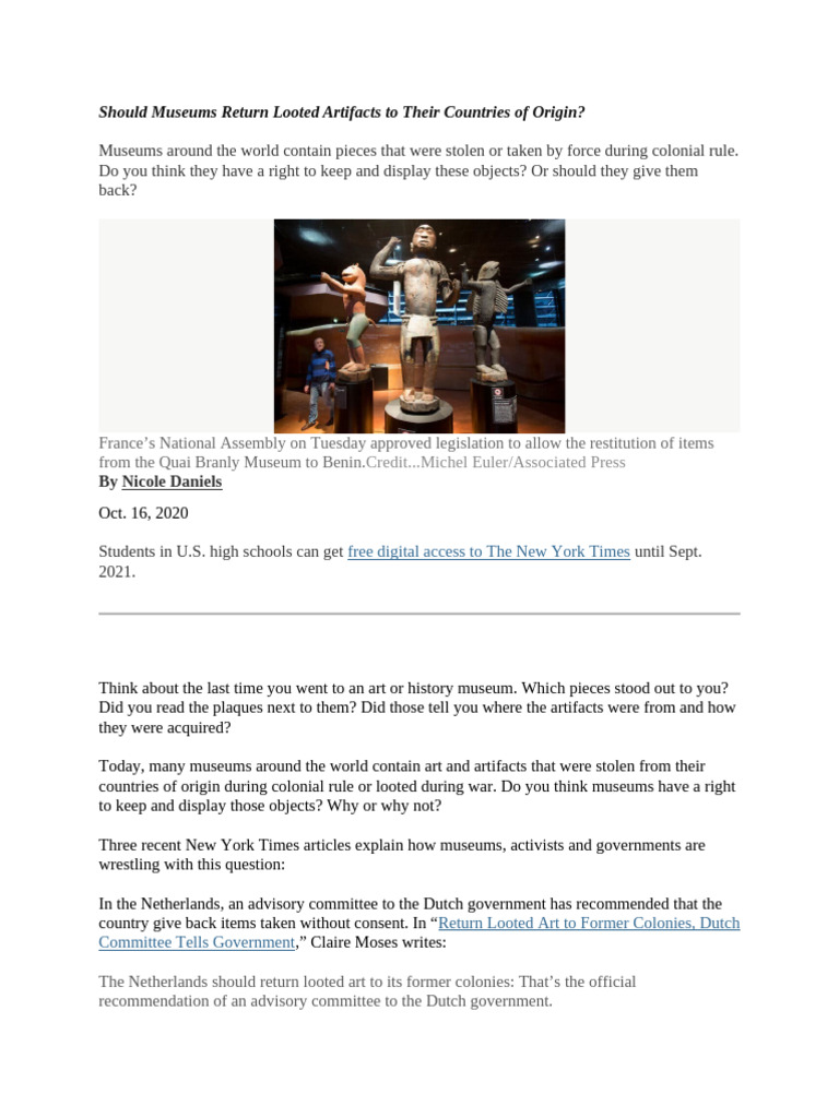 Should Museums Return Looted Artifacts To Their Countries of Origin (NY TIMES) | PDF | Museum