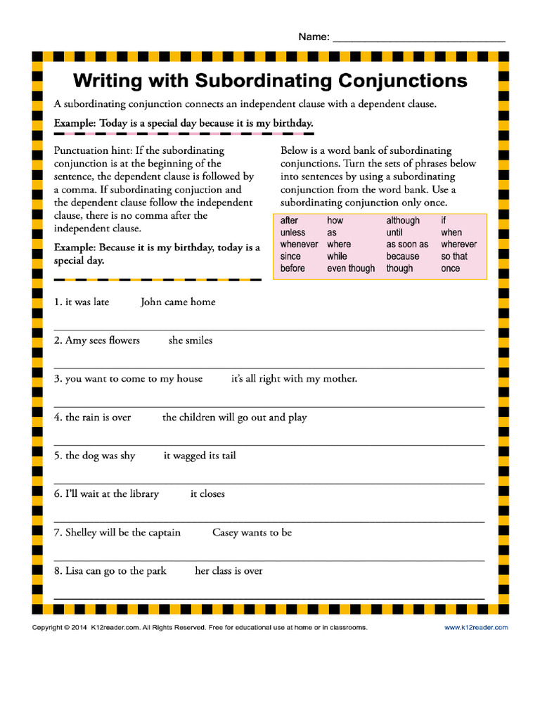 Writing With Subordinating Conjunctions - 3rd Grade Conjunction ...