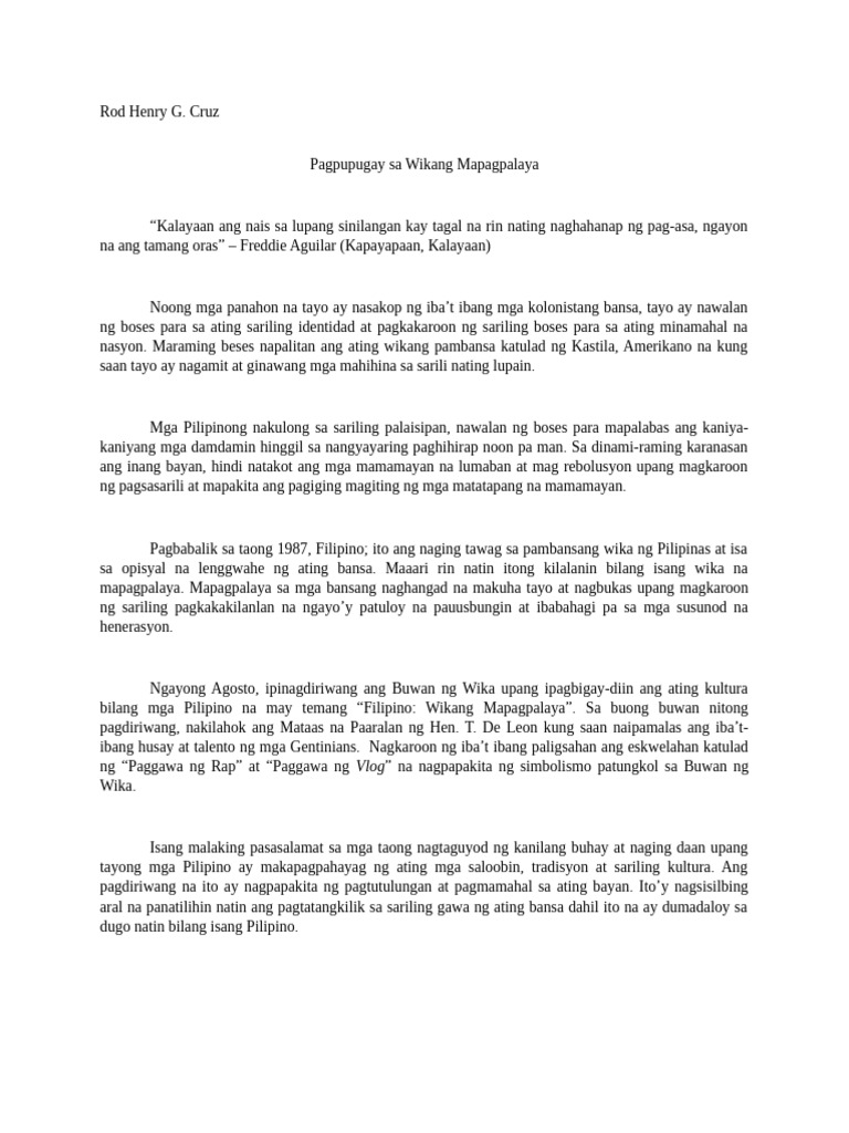 Pagpupugay Sa Wikang Mapagpalaya | PDF