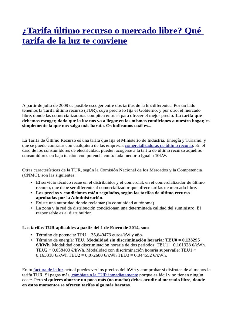 +tarifa + Ltimo Recurso o Mercado Libre - Qu+® Tarifa de La Luz Te Conviene | PDF | Mercado ...