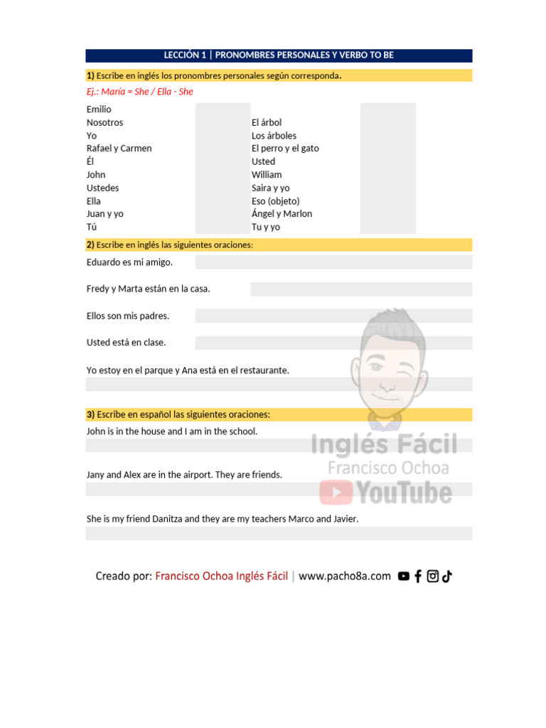 Lección 1 - Pronombres Personales y Verbo To Be | PDF