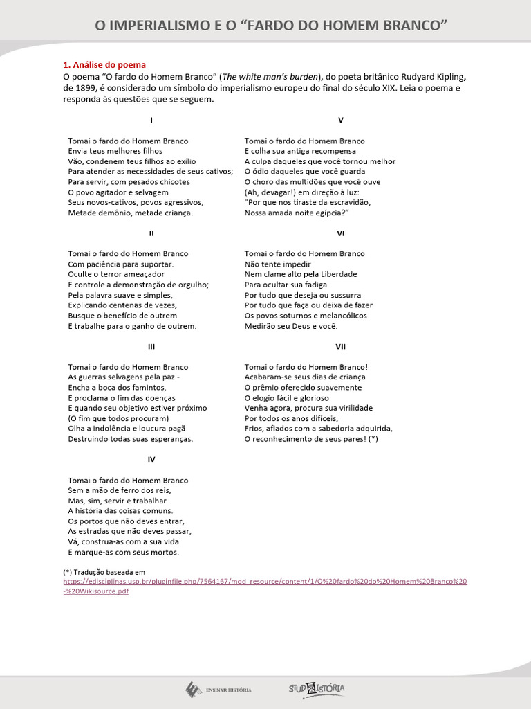 Análise do Poema "Fardo do Homem Branco" | PDF | História | Religião e ...