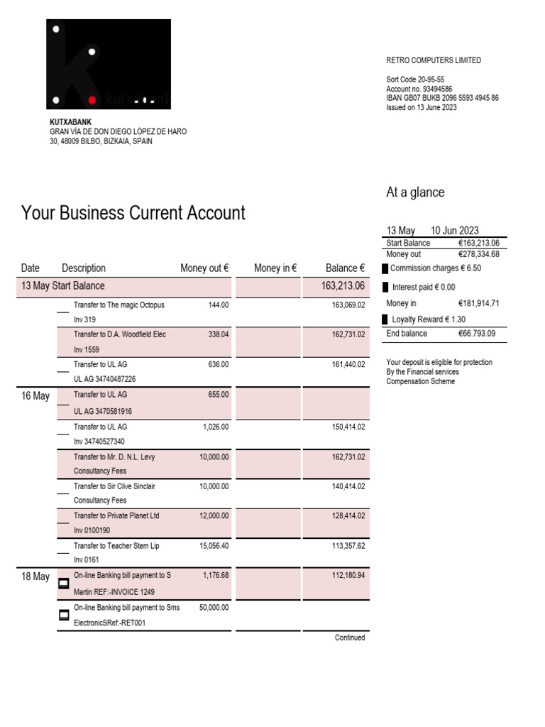Kutxabank Company Account Statement Word and PDF Template | PDF ...