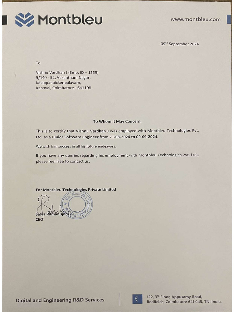 Vishnu Experience Letter | PDF