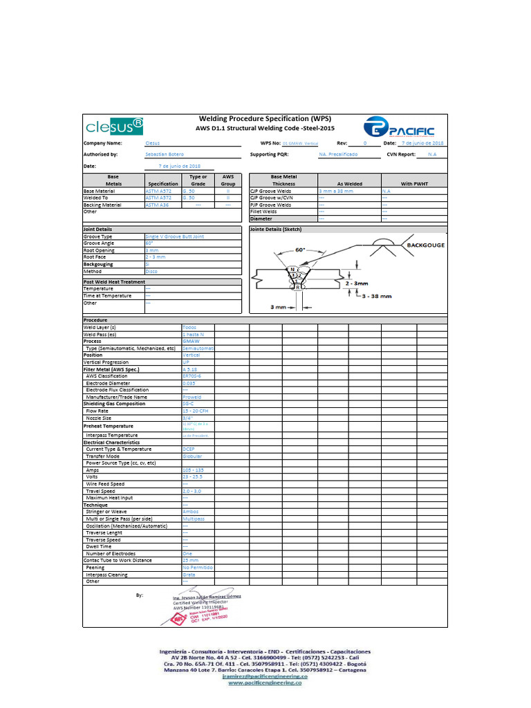 WPS 001 Clesus GMAW. Vertical UP Rev 0 | PDF | Welding | Construction