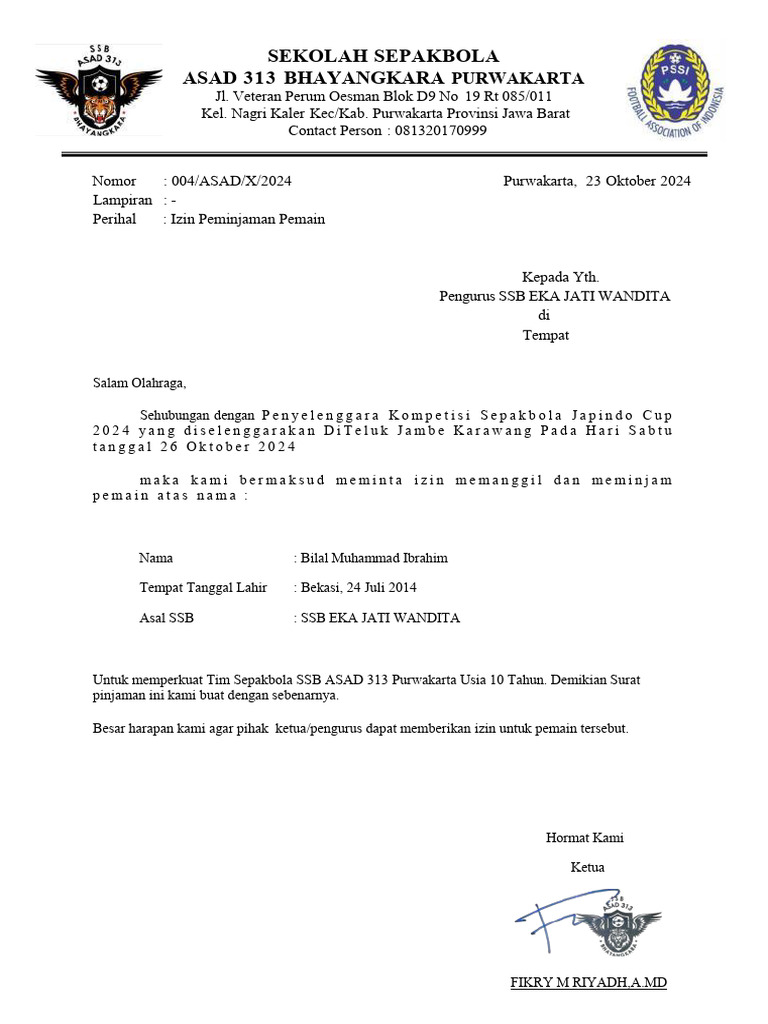 Surat - Peminjaman - Pemain - SSB (1) ASAD 2 | PDF