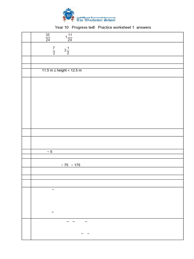 Y10 Maths - Progress Test - Practice Worksheet 1 - Ms | PDF
