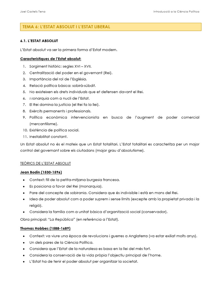 Tema 6. L'Estat Absolut I L'estat Liberal | PDF